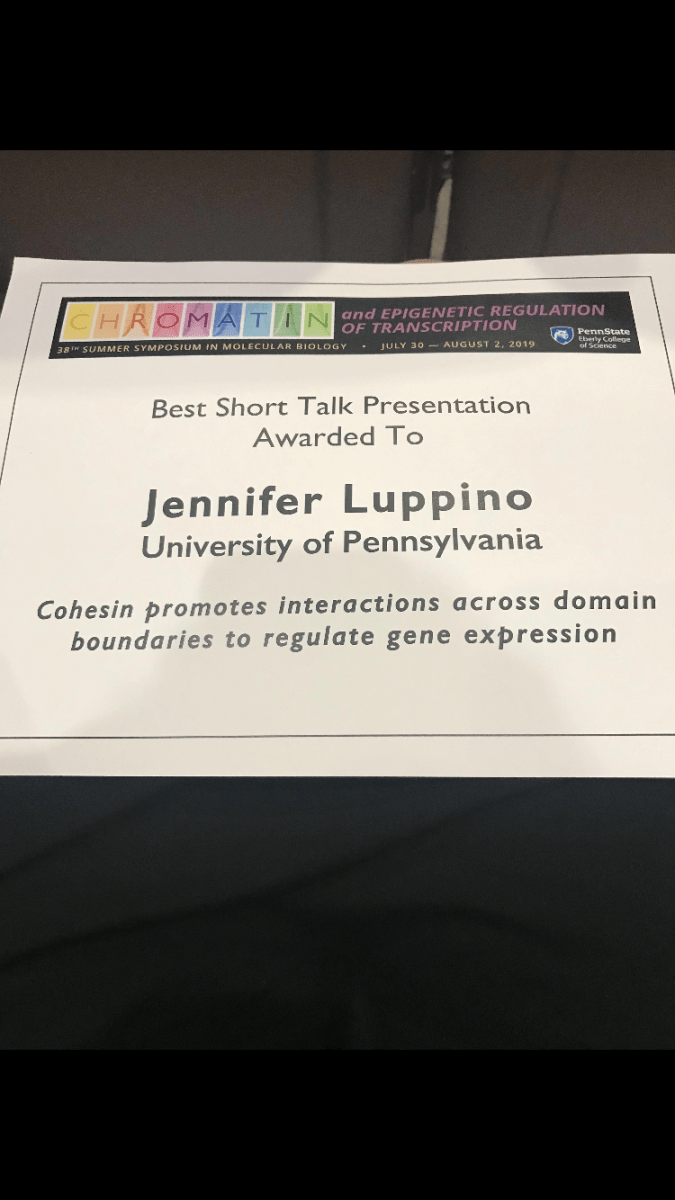 Congrats to Jenny for Best Short Talk Award at Penn State Chromatin ...